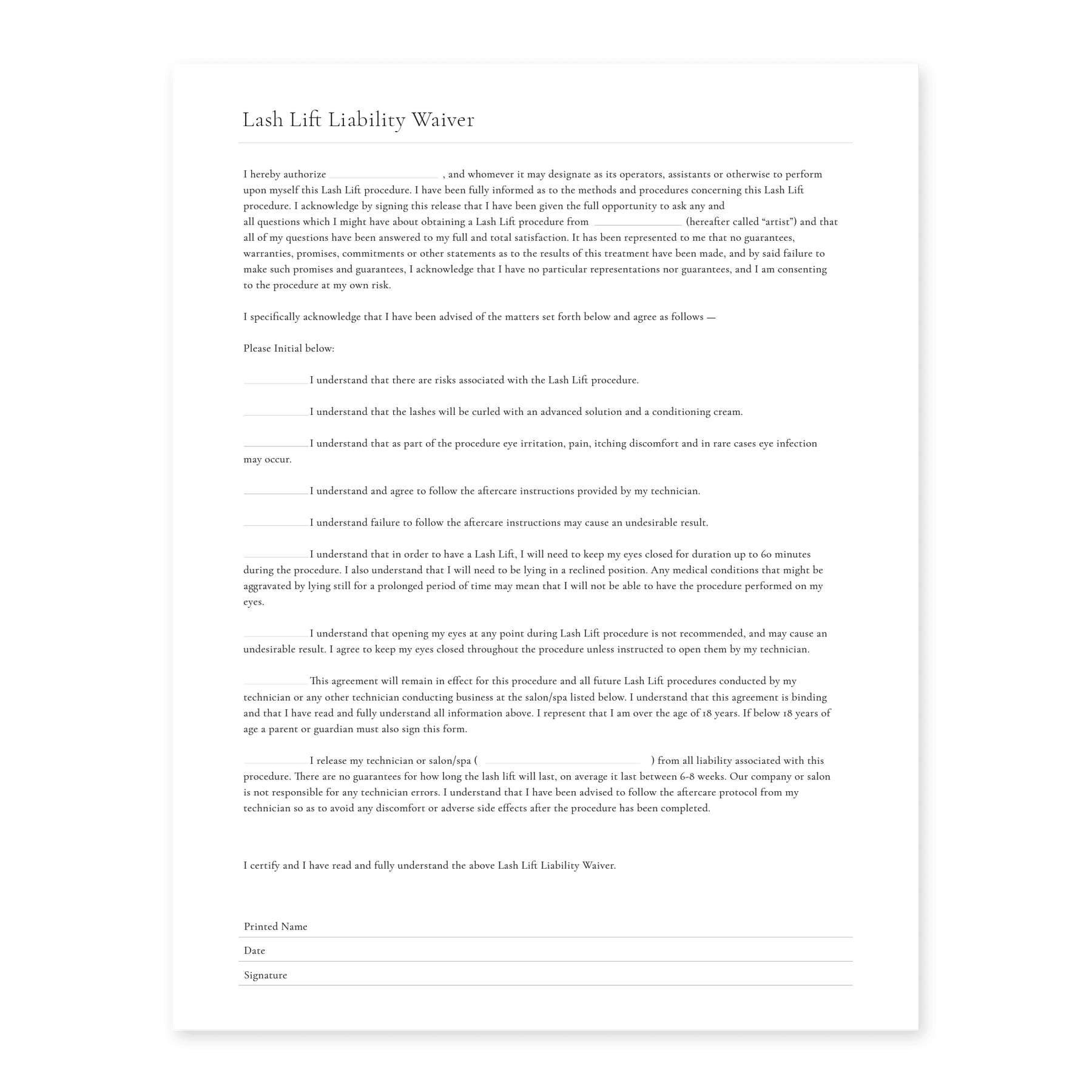 Lash Lift Client Paperwork Packet